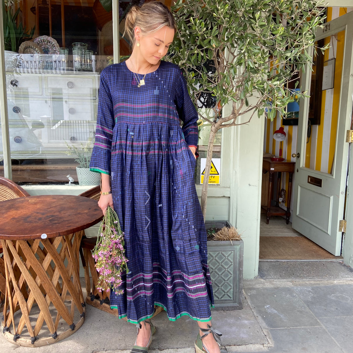 Injiri Black and Blue Grid Silk Dress — The Cross