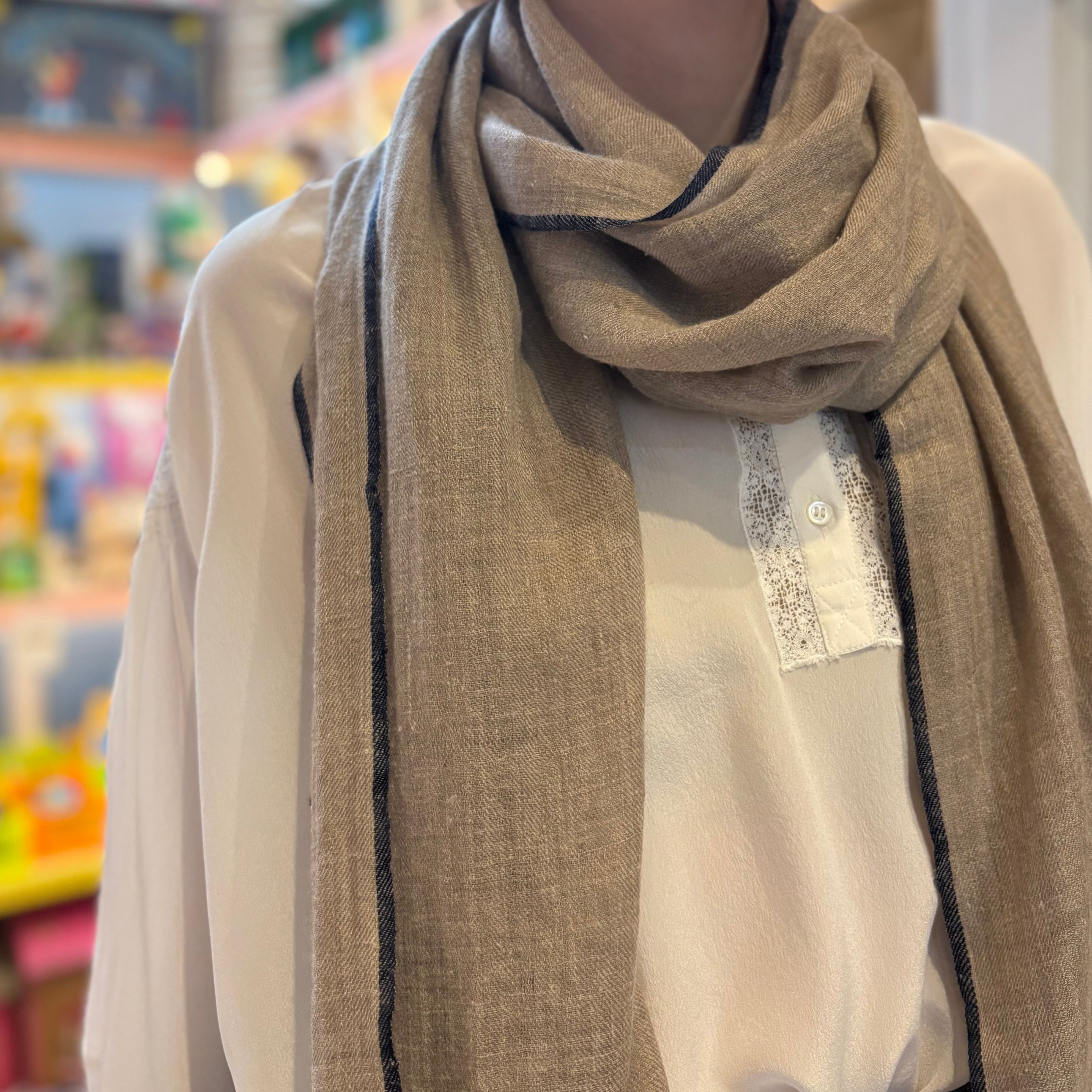 Somerville Natural and Black Border Pashmina — The Cross