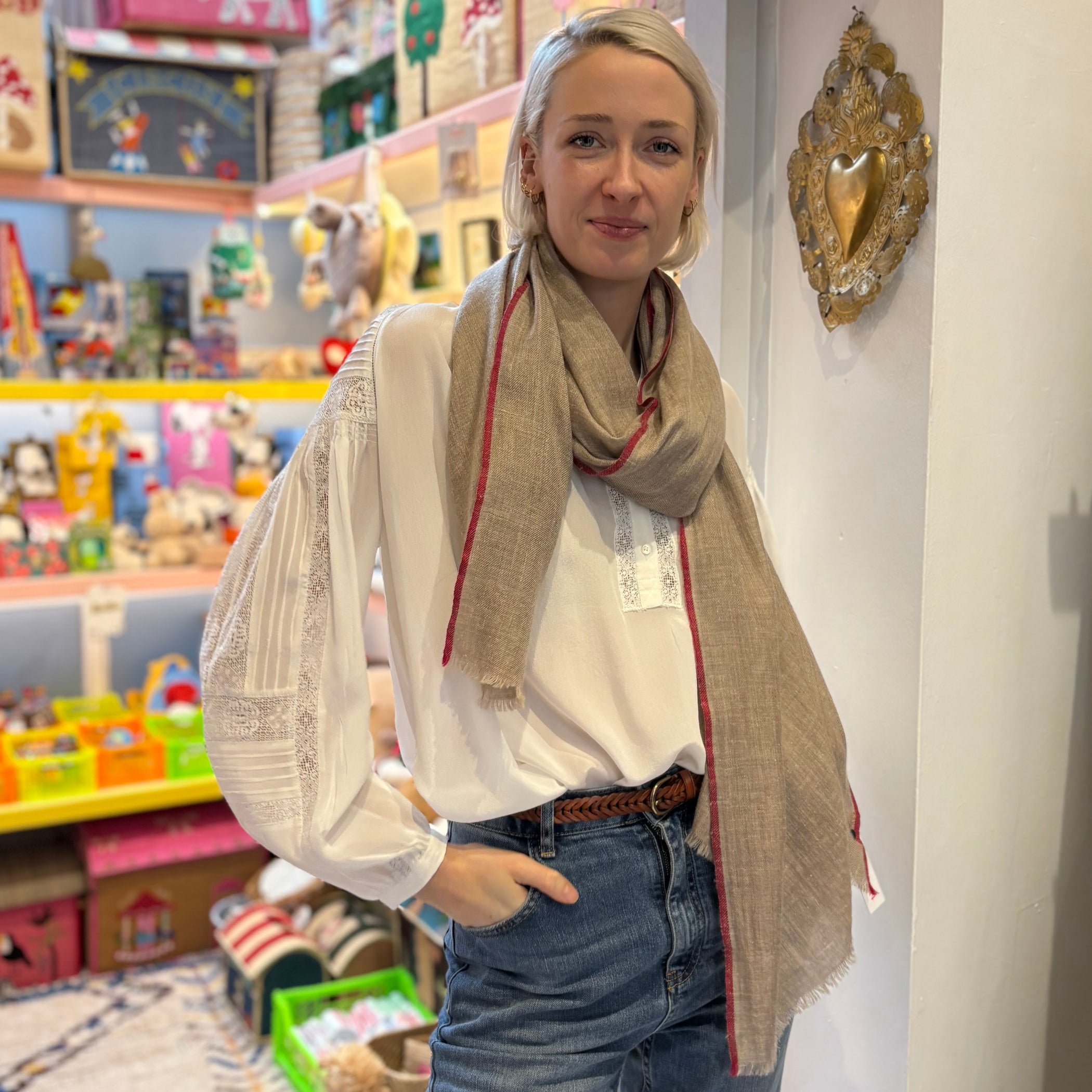 Somerville Natural and Red Border Pashmina — The Cross