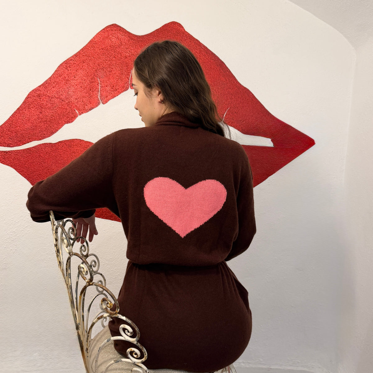 The Cross Cashmere Coral Heart Dressing Gown in Cocoa
